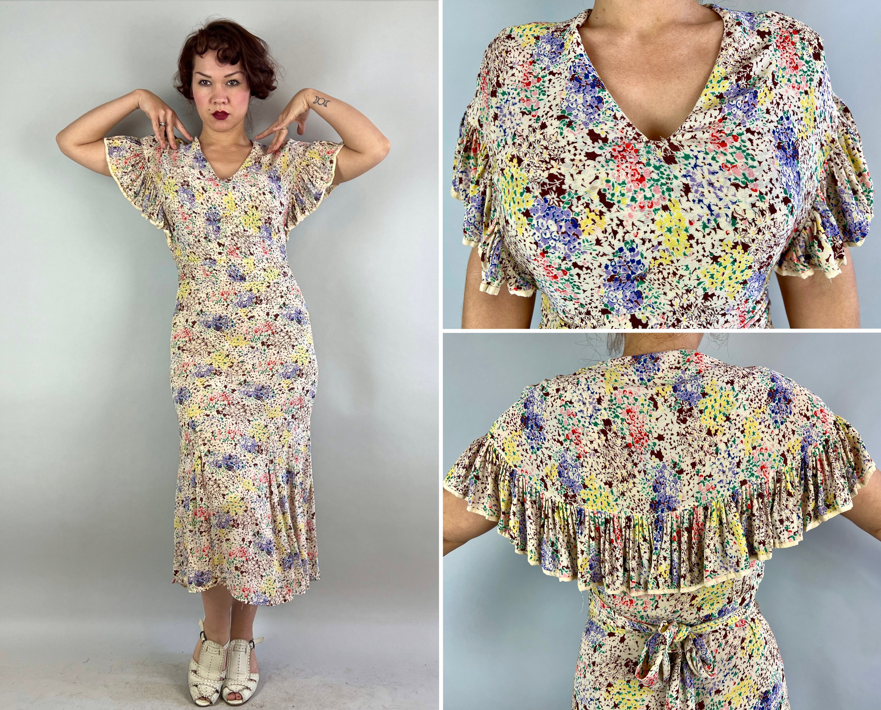 1930s Flirty Flutter Frock | Vintage 30s White Yellow Brown Blue Red ...