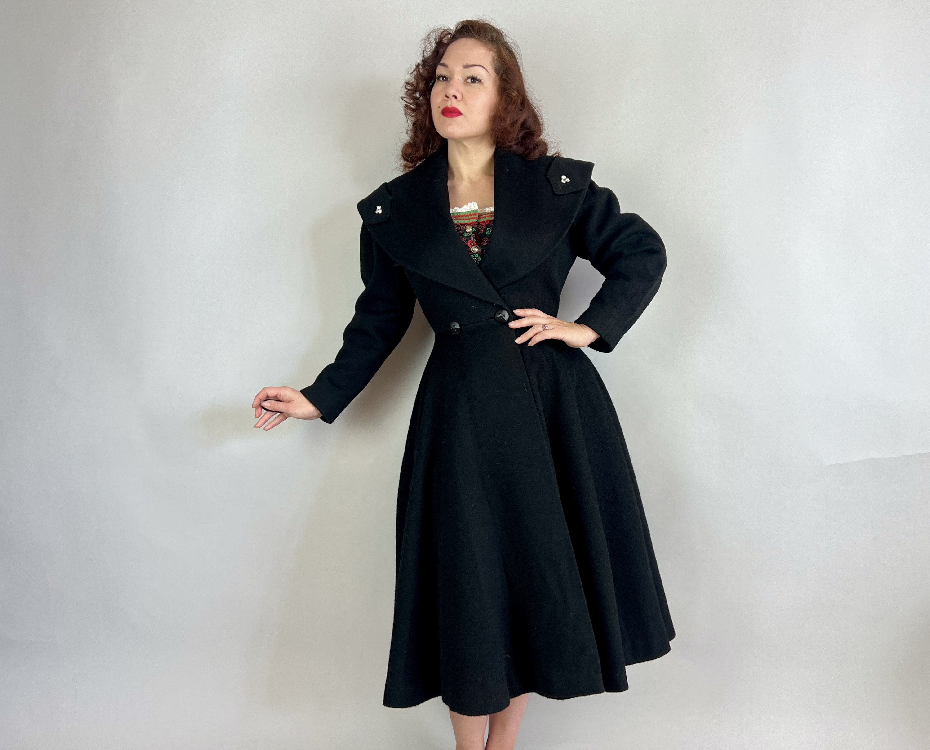 1950s Dovima's Divine New Look Coat | Vintage 50s Black Wool Princess Overcoat with Rhinestones ...