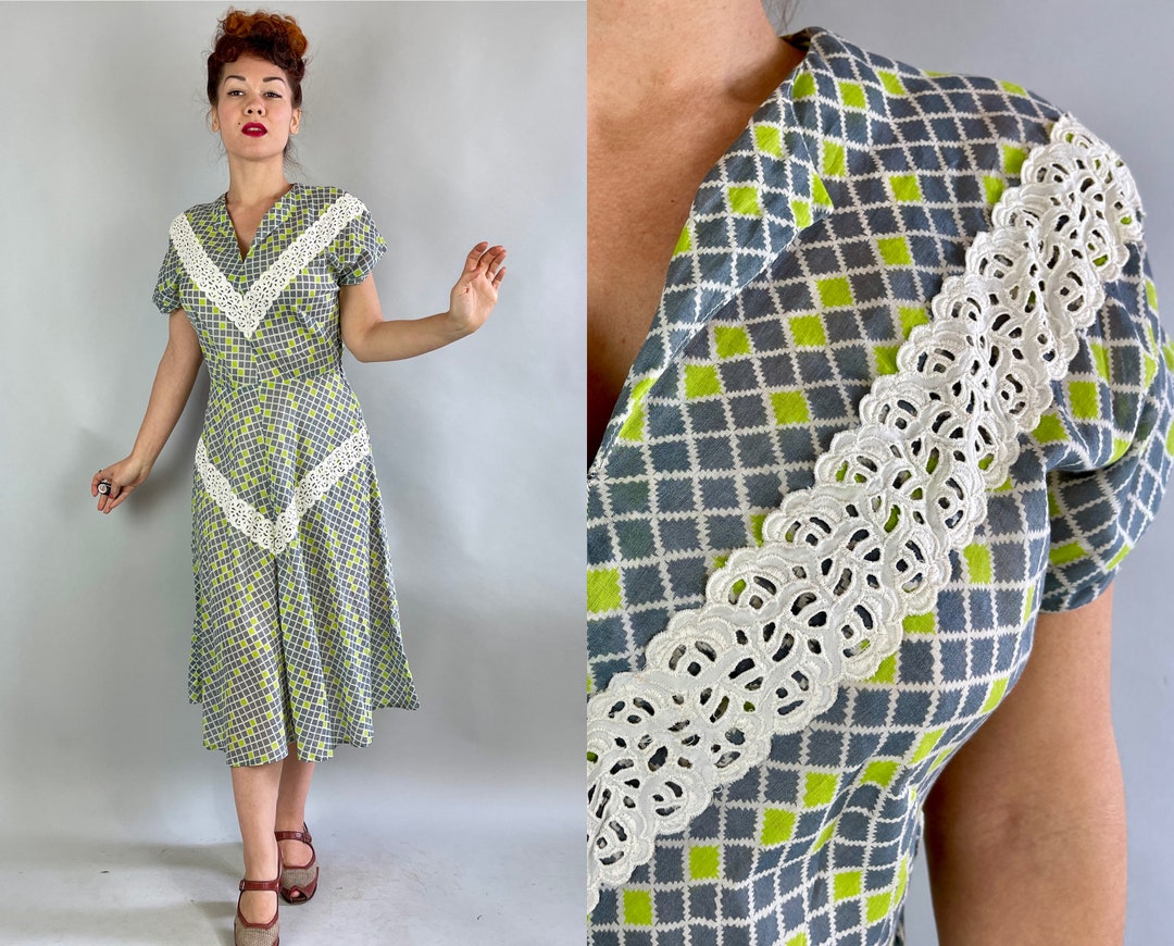 1940s Polly's Postage Stamp Dress | Vintage 40s Semi Sheer Grey White ...