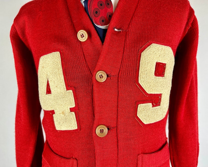 1940s Lucky Game Day Cardigan | Vintage 40s Red Wool Knit With White ...