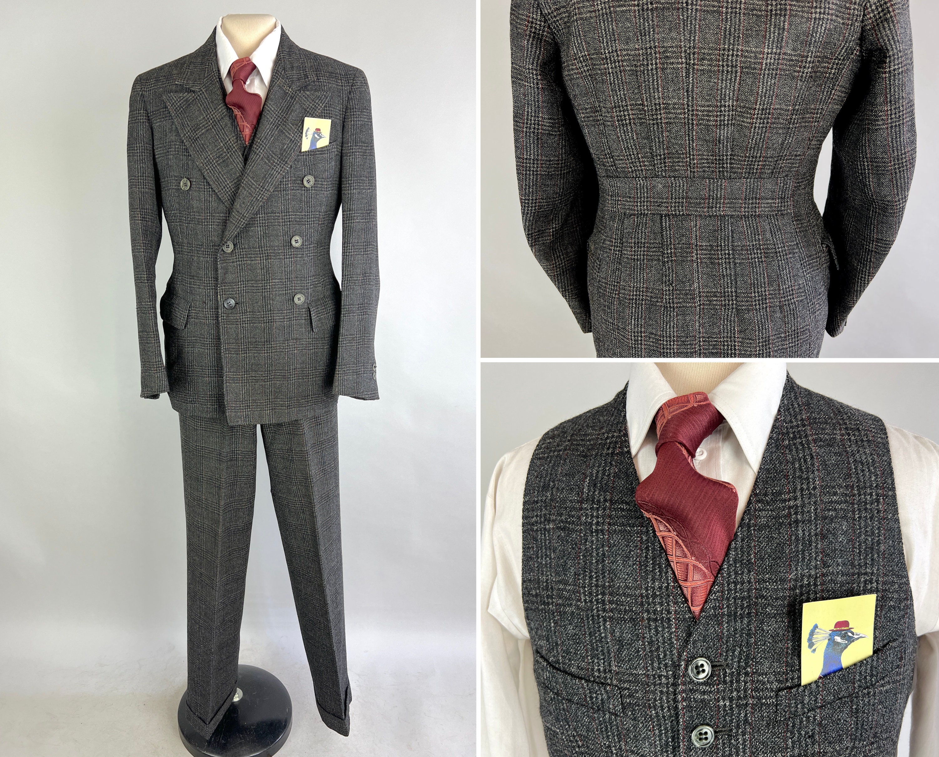 1930s Belted Back Suit | Vintage 30s Grey Glen Plaid with Merlot Red ...