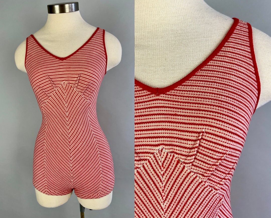 1930s Christmas in July Swimsuit | Vintage 30s Candy Cane Red and White ...