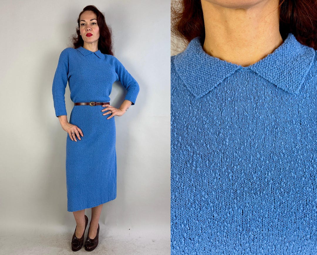 1940s Sassy Sashay Dress | Vintage 40s Powder Blue Wool Boucle Knit ...