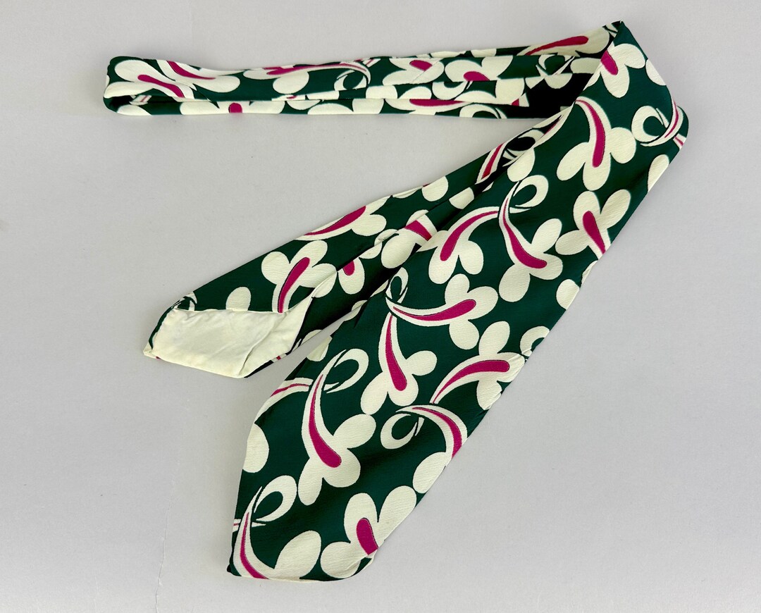 1940s Floral Island Fantasy Necktie | Vintage 40s Deep Teal Green Rayon With White and Fuchsia ...