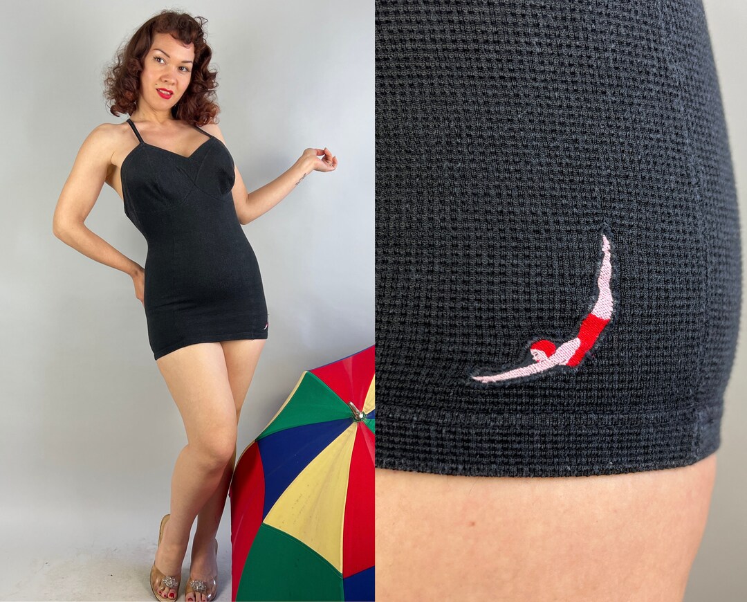 1930s Black Beauty Swimsuit | Vintage 30s Noir Wool Waffle Weave Knit ...