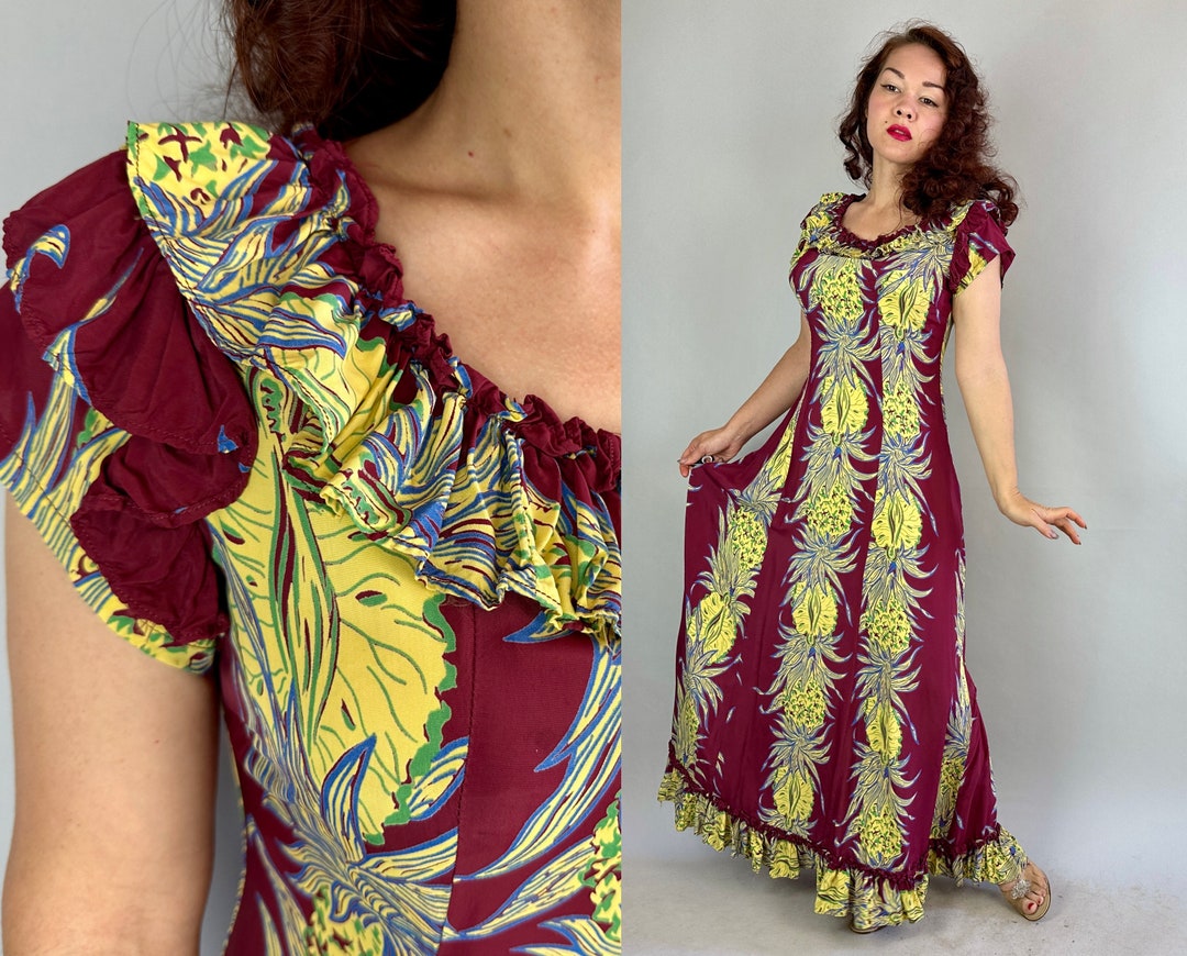 1940s Pineapple Passion Holoku Gown | Vintage 40s Maroon Yellow Blue ...