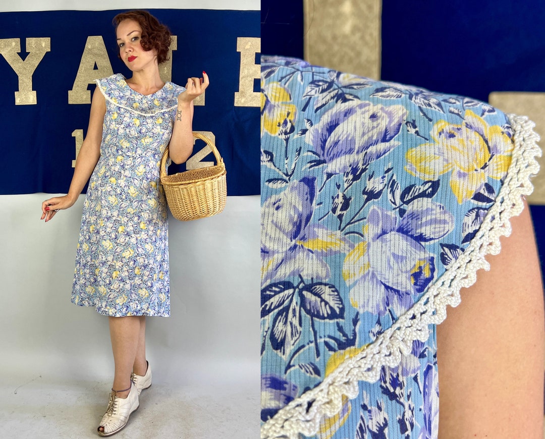 1930s Garden Delights Frock | Vintage 30s Blue White and Yellow Semi ...