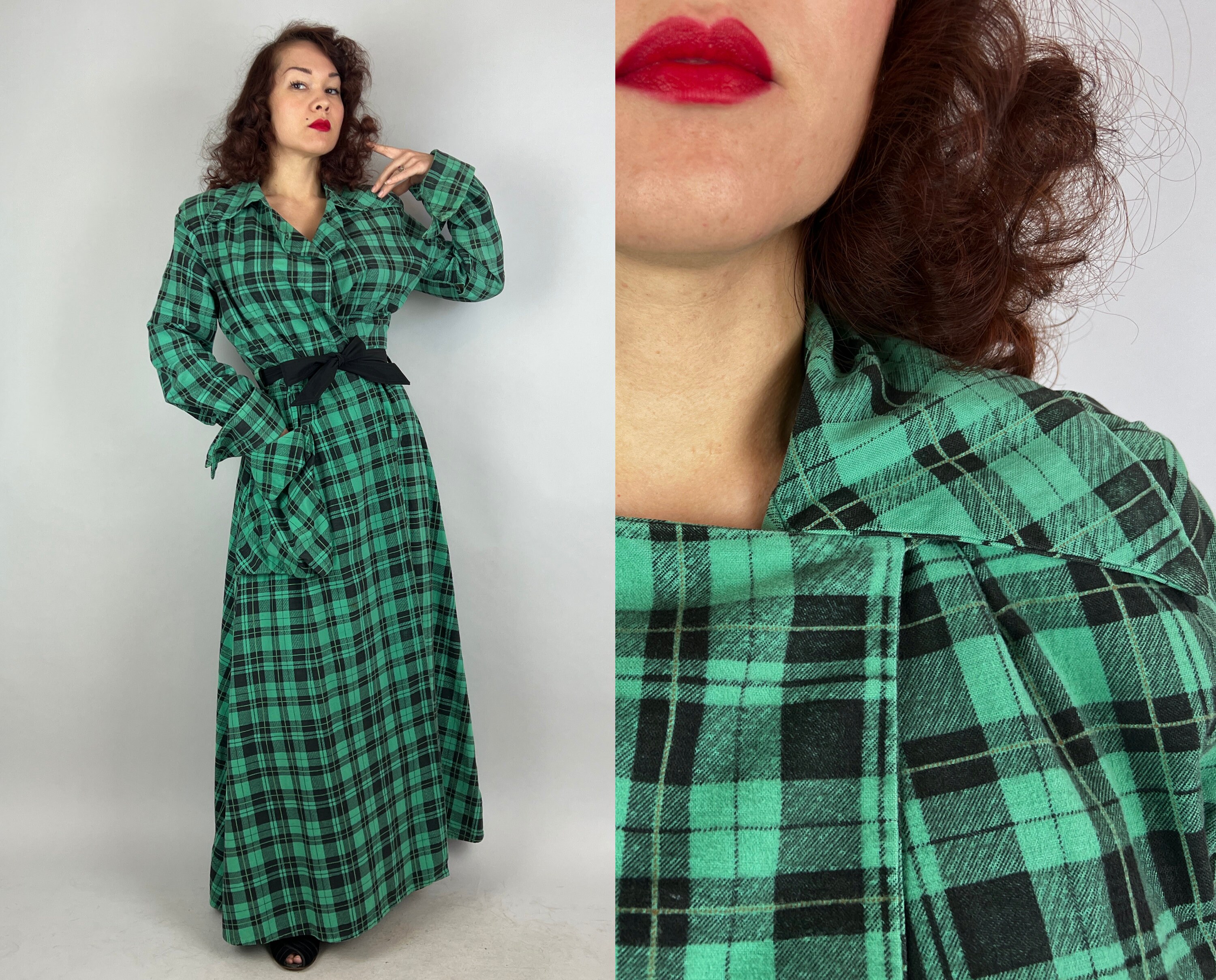 1940s Cozy Cabin Dressing Gown | Vintage 40s Black & Deco Green Plaid ...