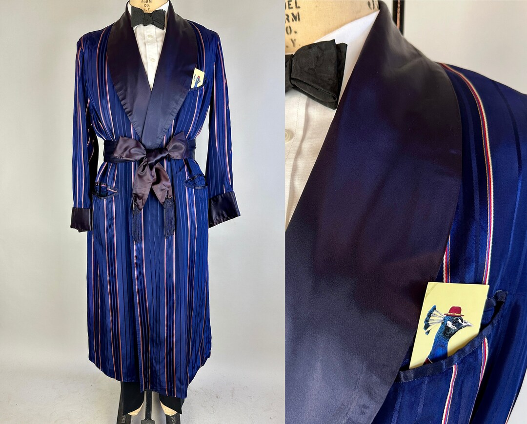 1940s Dashing Dan Smoking Jacket Vintage 40s Admiral Blue Striped Rayon ...