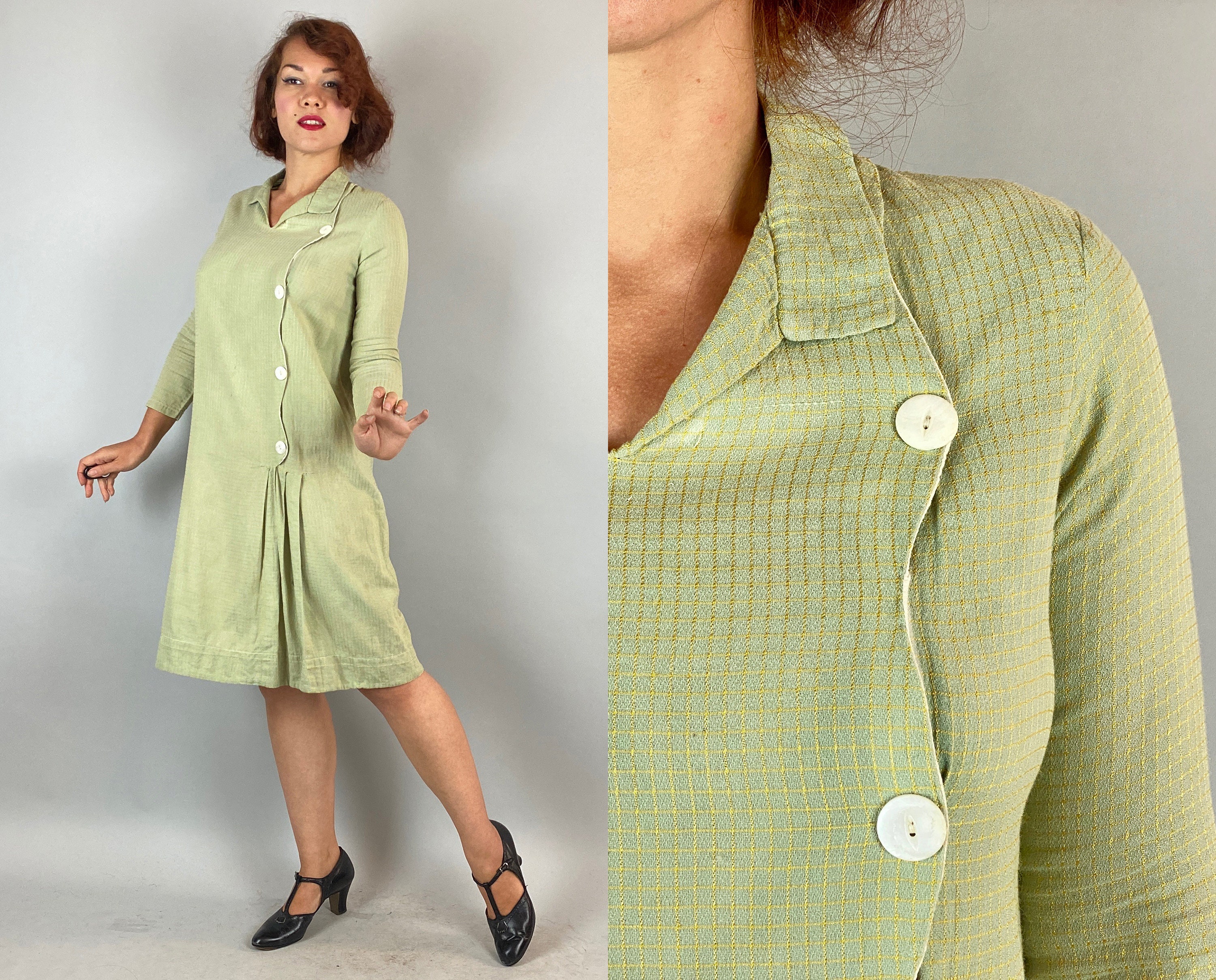 1920s Chessie's Checker Dress | Vintage 20s Mint Green Gold Windowpane ...