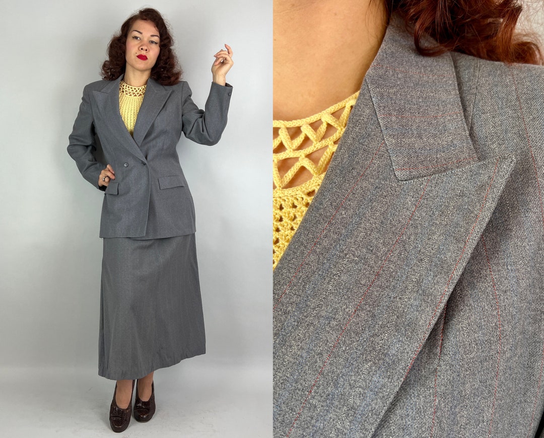 1940s Gal Friday Suit | Vintage 40s Menswear Inspired Two Piece Grey ...