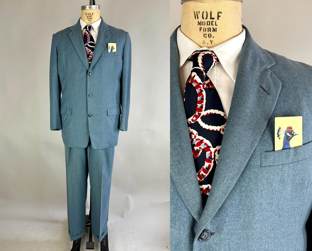 1950s Hollywood Hero Macintosh Suit | Vintage 50s Steel Blue Grey Wool ...