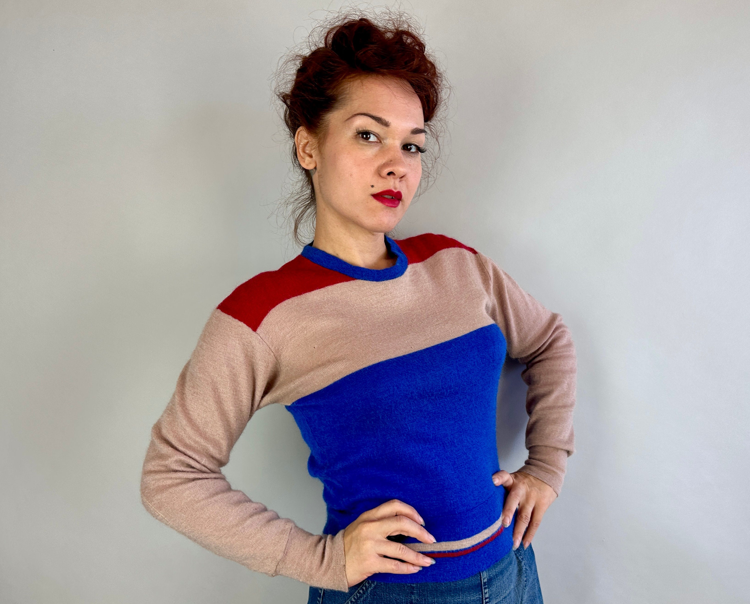 1930s Sporty Sally Sweater | Vintage 30s Color Block Mohair Wool Knit ...