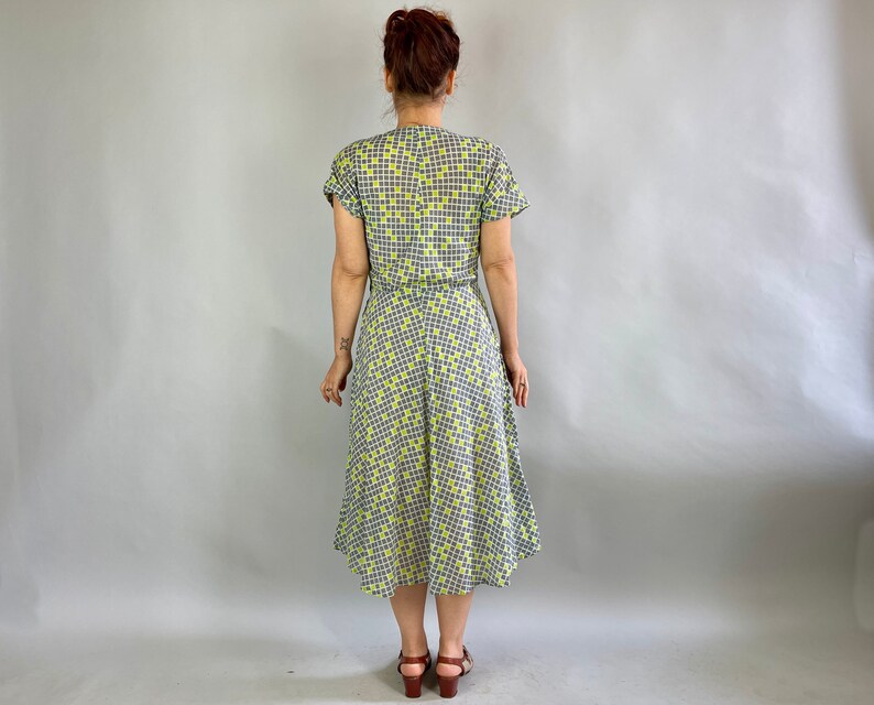 1940s Polly's Postage Stamp Dress | Vintage 40s Semi Sheer Grey White ...