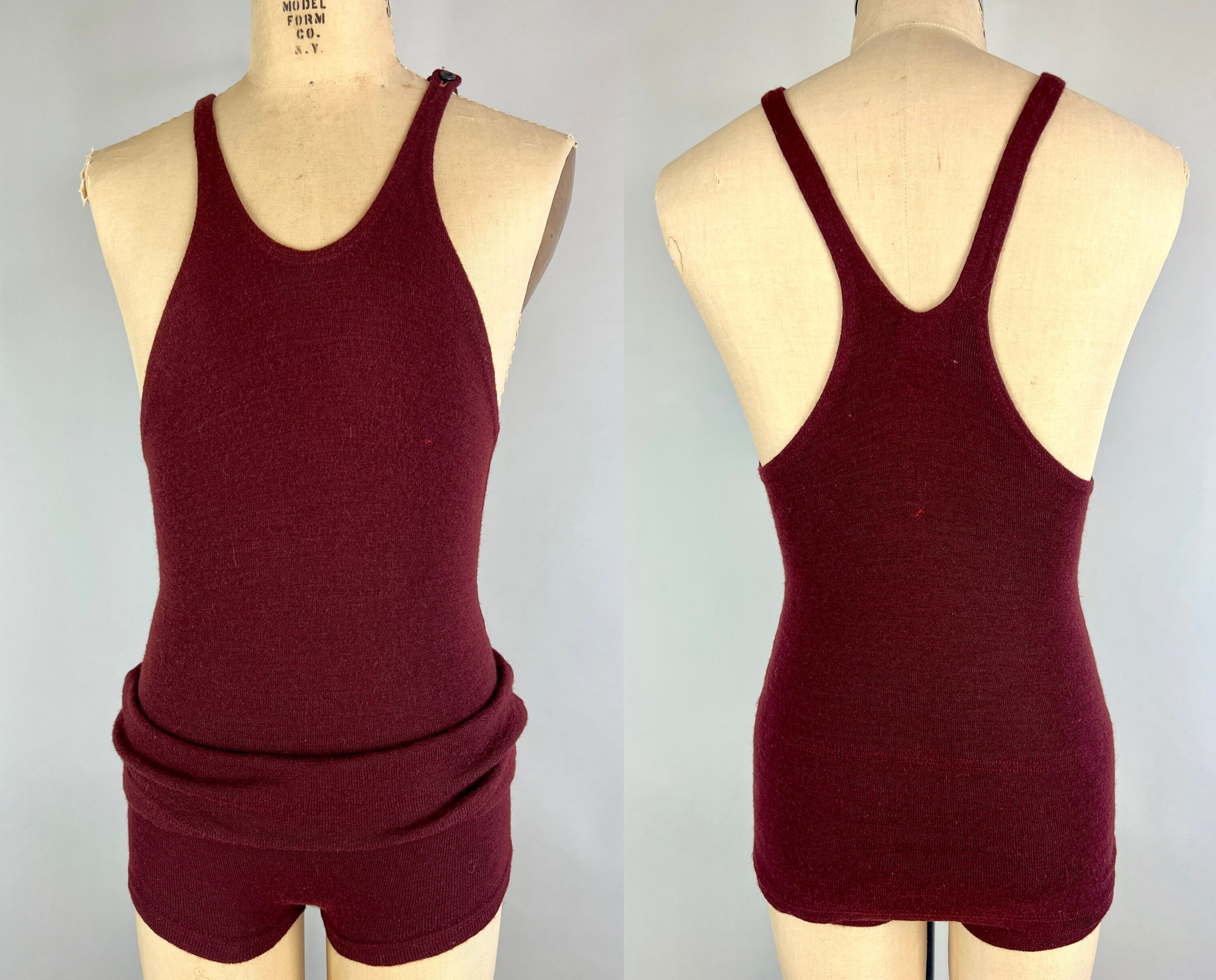 1920s Mad for Maroon Swimsuit | Vintage 20s Dark Red Wool Art Deco One ...