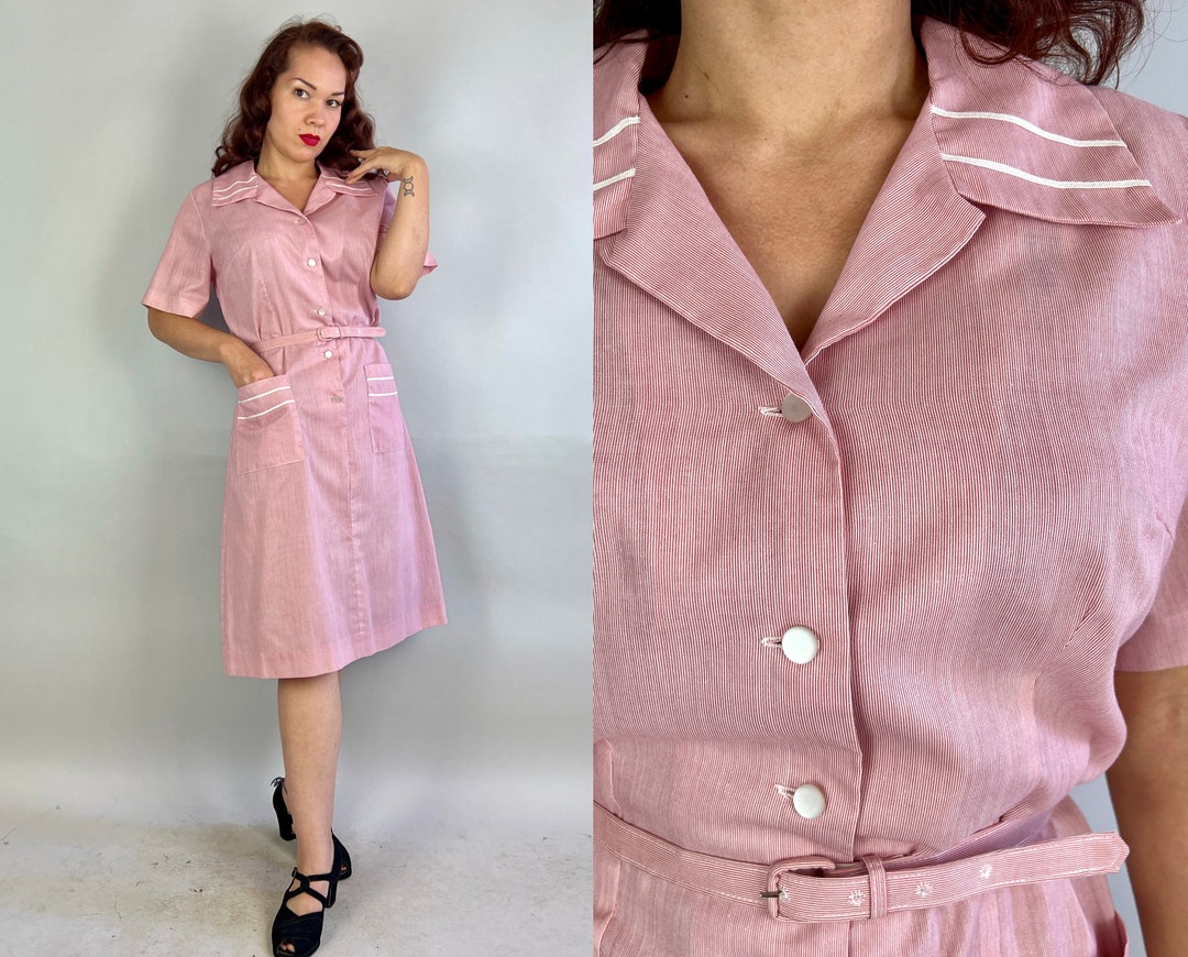 1950s Prim in Pink Frock Vintage 50s Micro Striped Cotton Shirtwaist Dress With White Piping and ...
