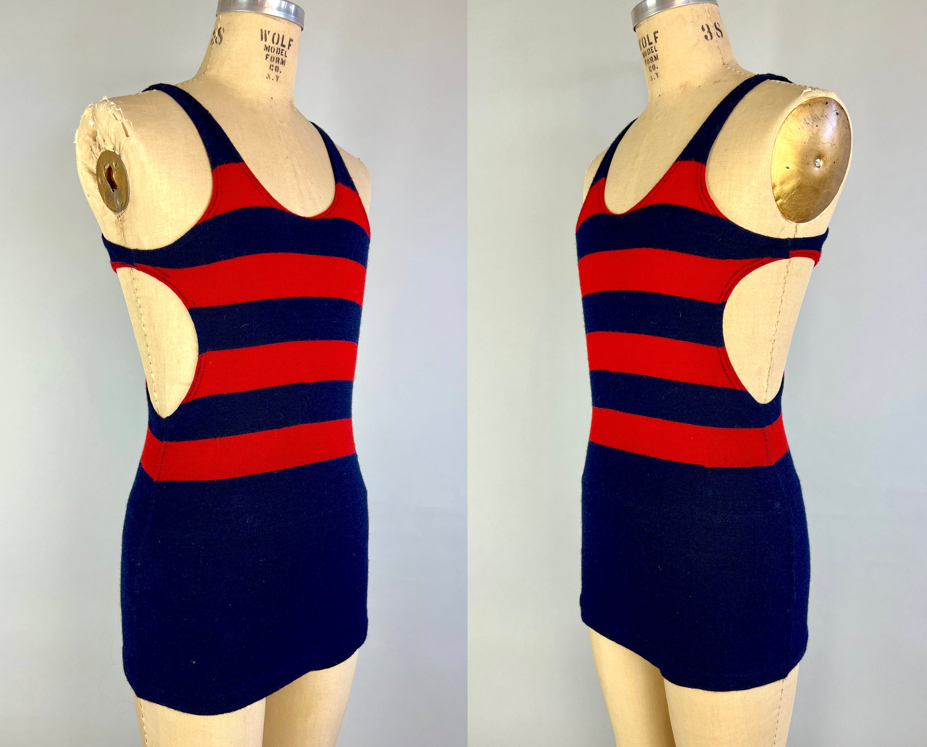 1920s Color Bars Bathing Suit | Vintage Antique 20s Navy Blue and Red ...
