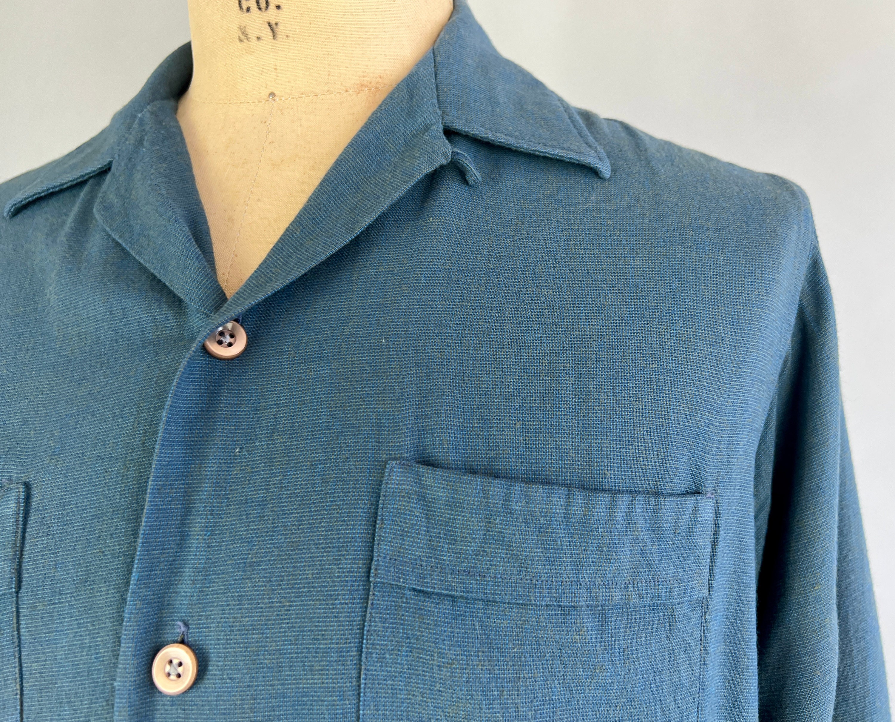 1950s Proud Lion Camp Shirt | Vintage 50s Steel Blue Top-Loop Waffle ...