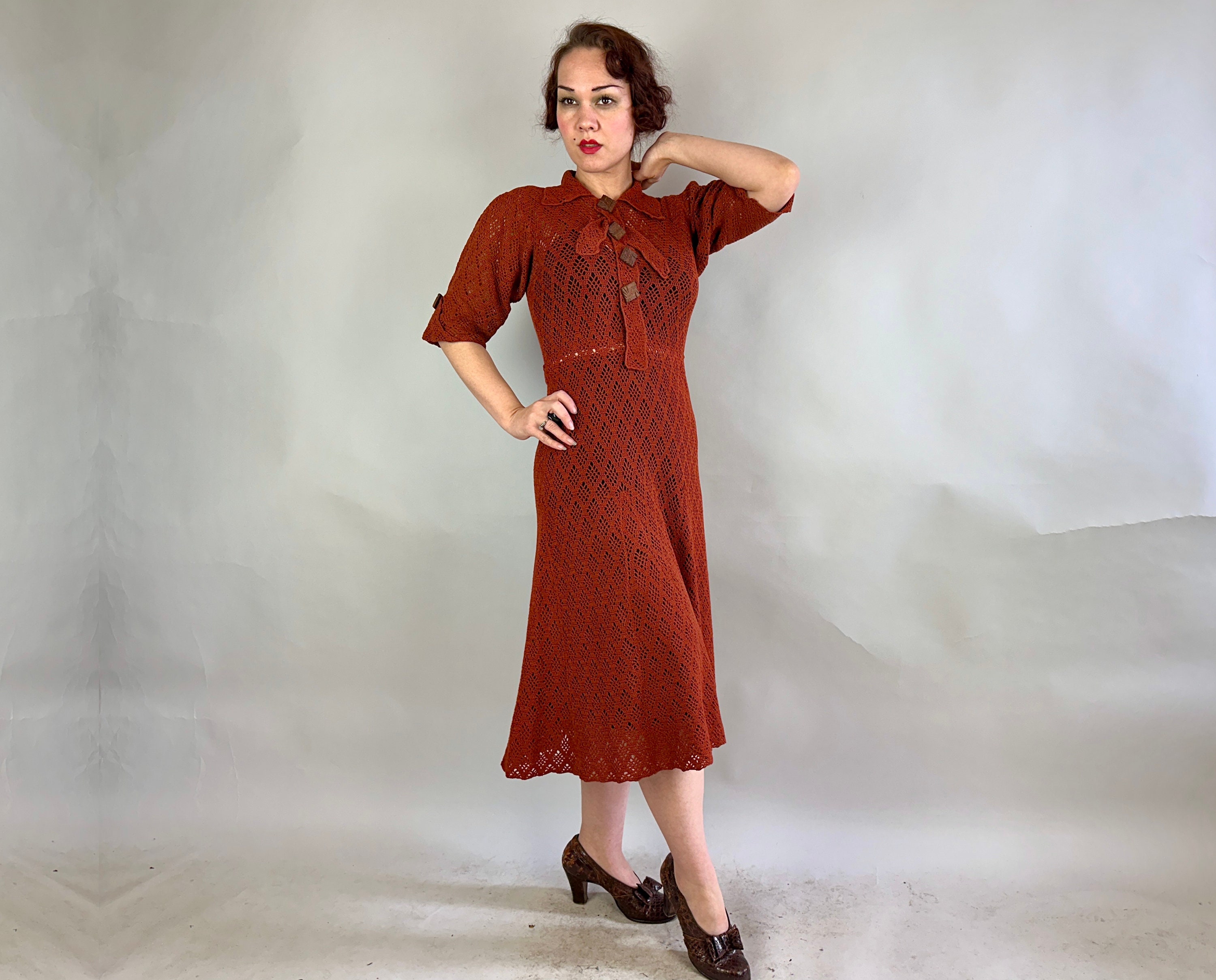 1930s Terra Cotta Tease Dress | Vintage 30s Deep Orange Brown Cotton ...