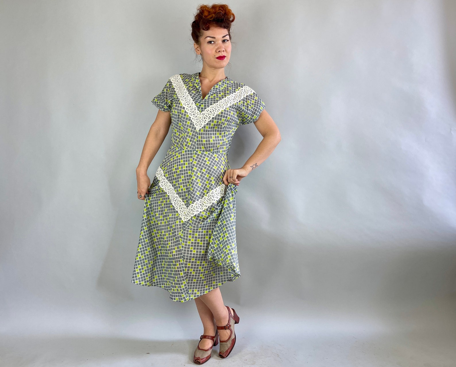 1940s Polly's Postage Stamp Dress | Vintage 40s Semi Sheer Grey White ...