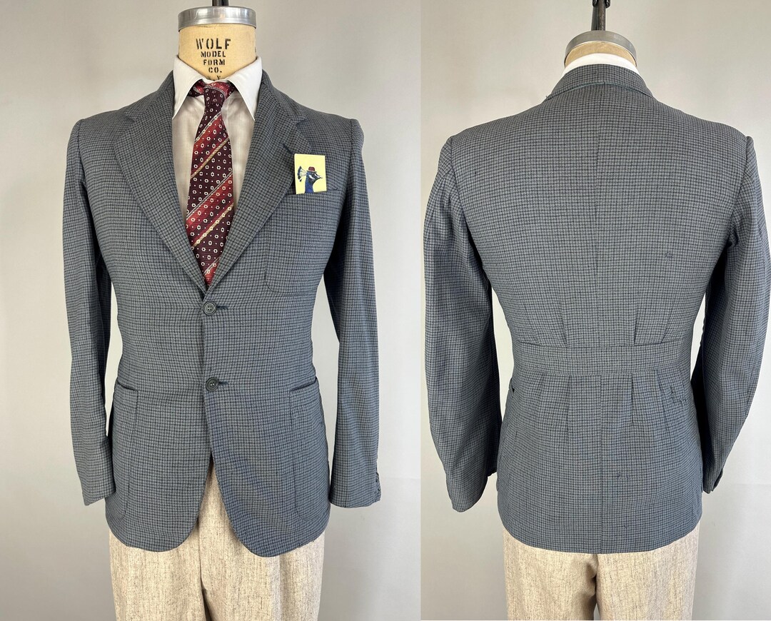 1930s Handsome Houndstooth Belted Back Jacket | Vintage 30s Slate Blue ...