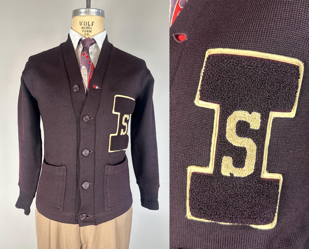 1940s Isaac's Impressive Collegiate Cardigan | 40s Two-tone Plum Purple Wool Sportswear Team ...