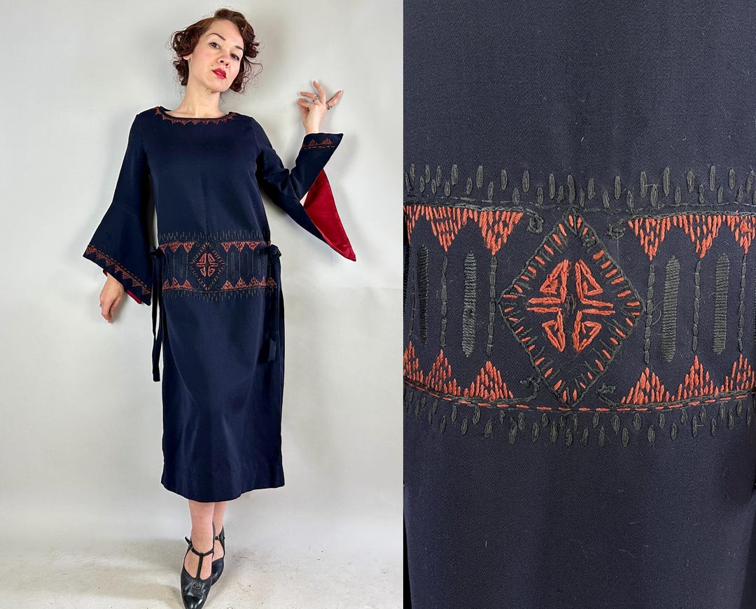 1920s Visceral Vamp Frock | Vintage 20s Black Wool Dropped Waist Dress ...