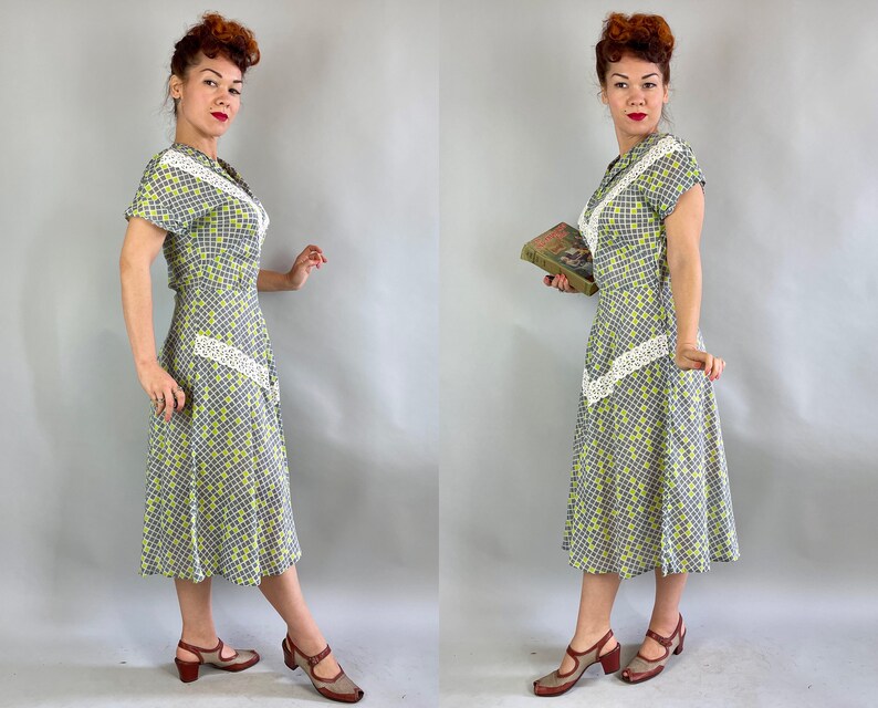 1940s Polly's Postage Stamp Dress | Vintage 40s Semi Sheer Grey White ...