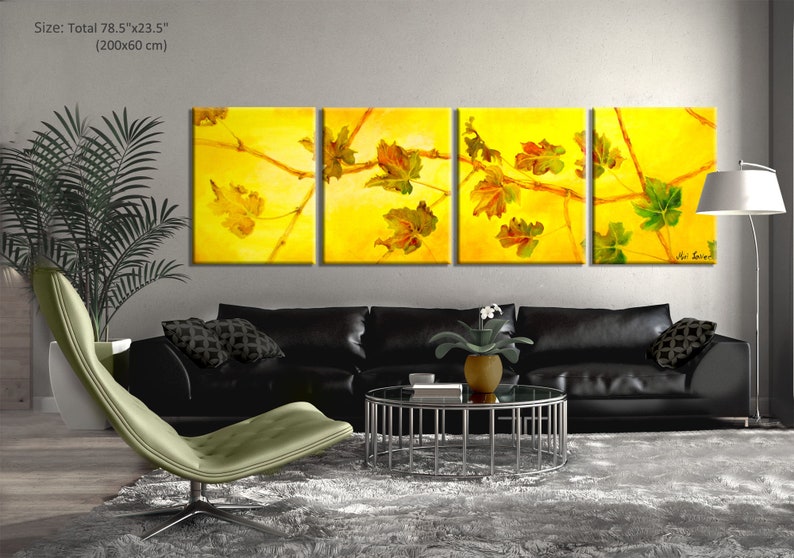 Multi Panel Art, Large Wall Decor, 4 Piece Wall Art, Yellow Split Leaf ...