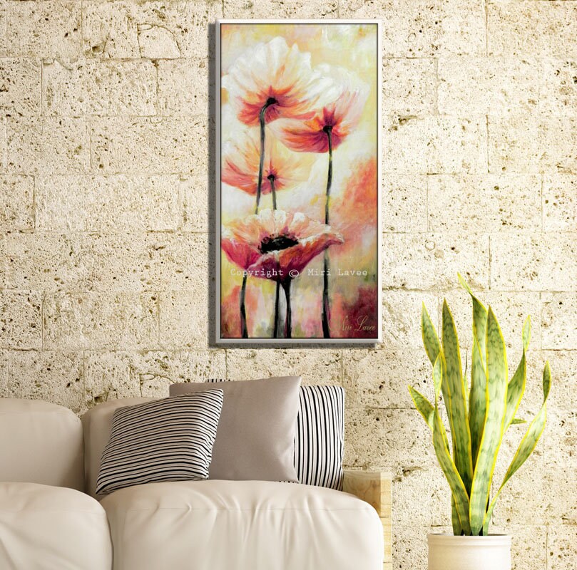 Long Narrow Flowers Painting on Canvas, Vertical Nature Painting in ...