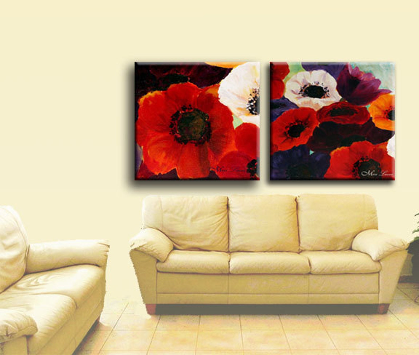 Set of 2 Painting on Canvas, Flower Painting, Landscape Painting ...