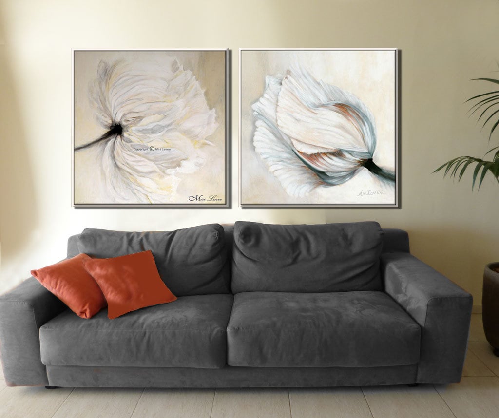 White Wall Art Set Flower Painting Set Large Wall Art Large - Etsy