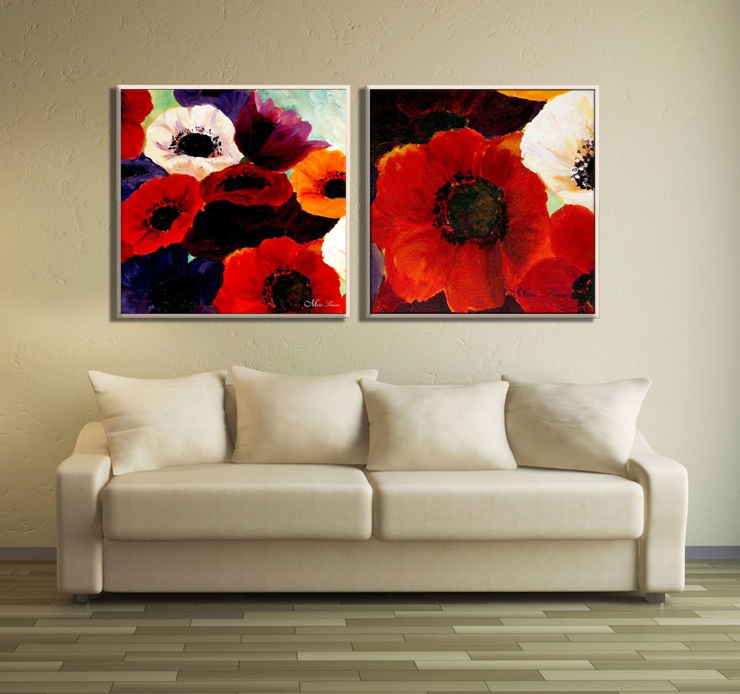Wall Art Set of 2 Prints, Flowers on Canvas, Large Floral Canvas Art ...