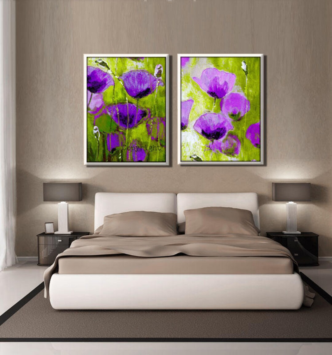 Flower Wall Art, Art Set of 2, Flower Art Set, Bedroom Wall Art, Wall ...