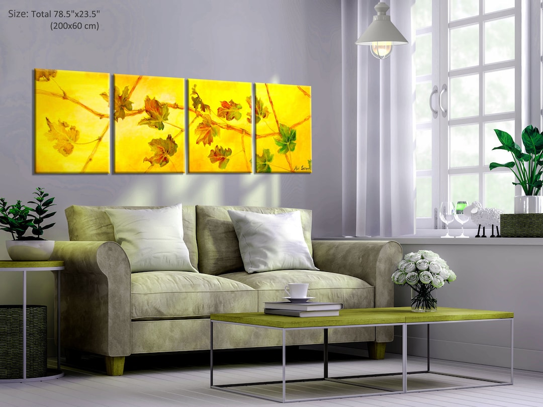 Multi Panel Art, Large Wall Decor, 4 Piece Wall Art, Yellow Split Leaf ...