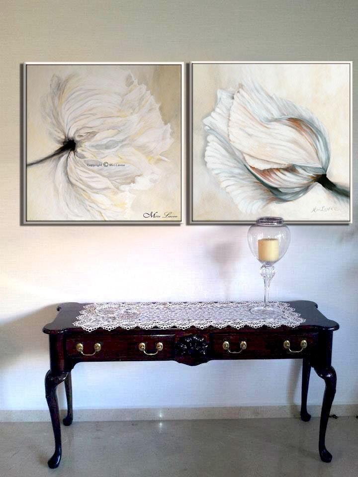 White Wall Art Set, Flower Painting Set, Large Wall Art, Large Art ...