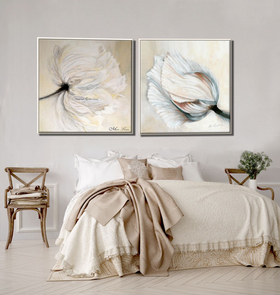 White Wall Art Set Flower Painting Set Large Wall Art Large - Etsy