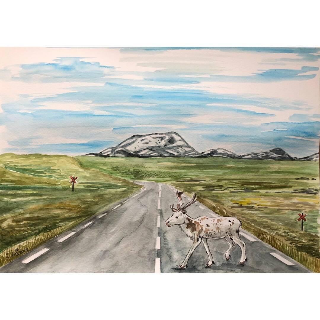 Lapland Landscape, Reindeer Watercolor Painting,sweden Nature Drawing ...