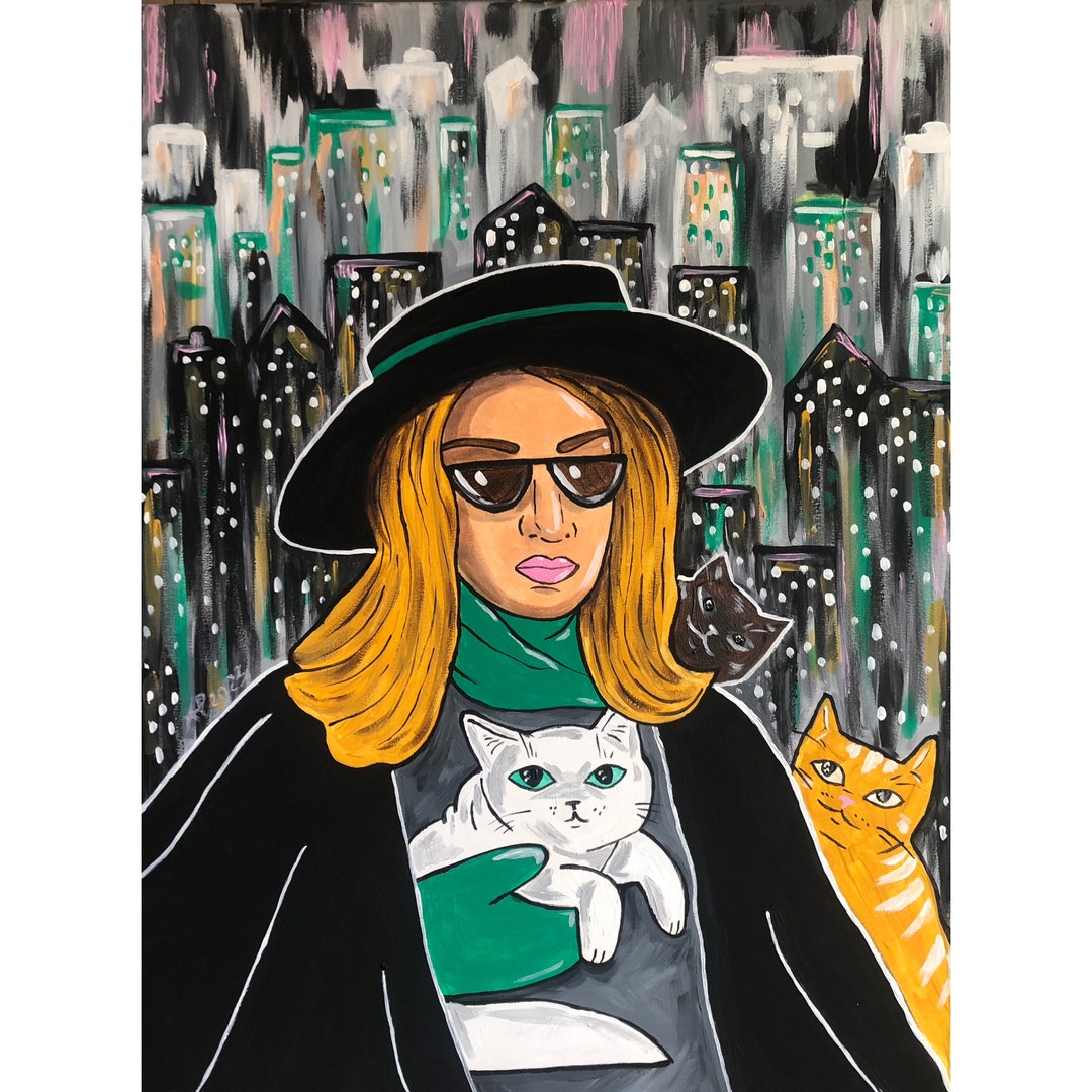 Cat Lady Woman Portrait Cat Painting Acrylic Painting Colorful Artwork ...