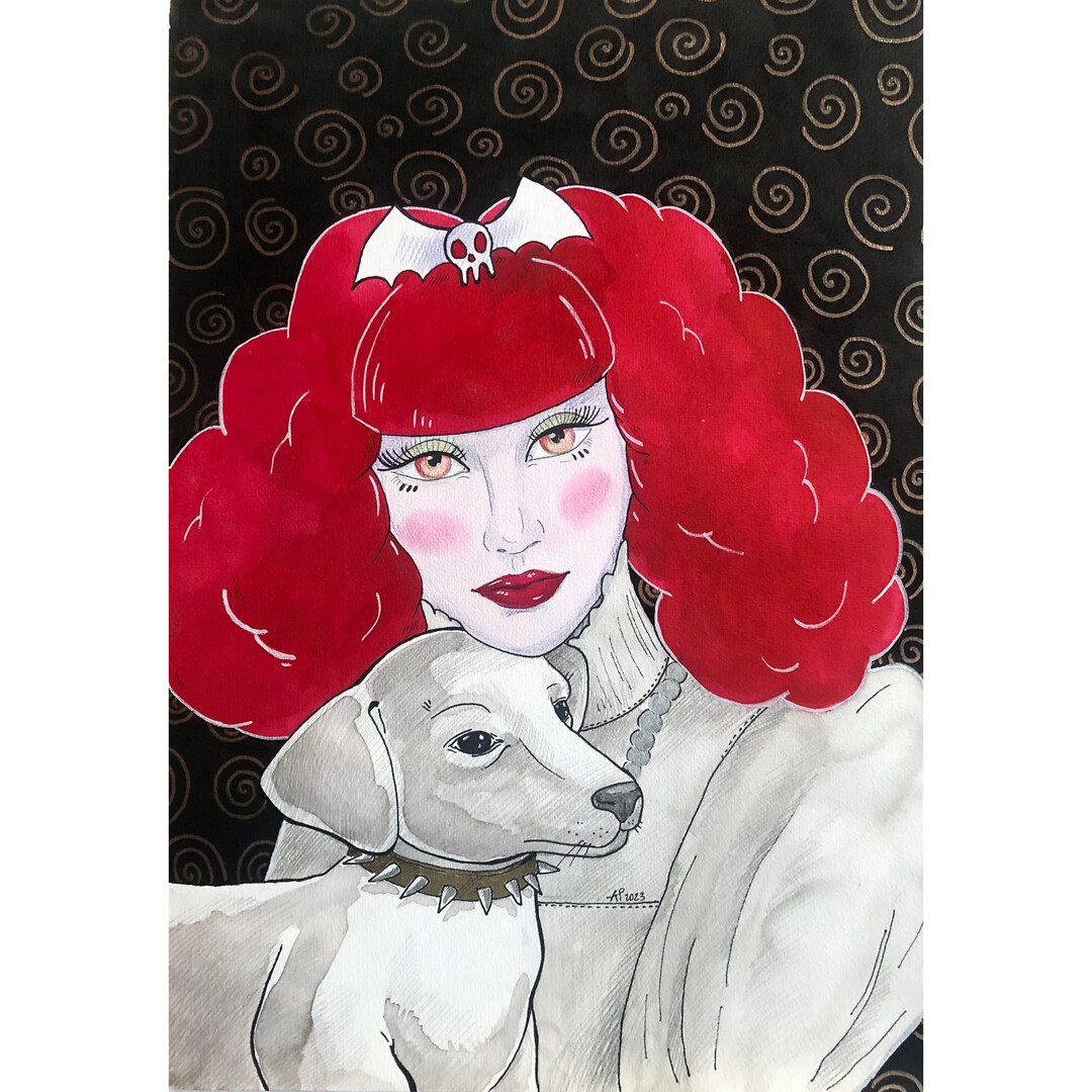 Gothic Girl Drawing Dog Portrait Woman Portrait Original Ink Painting ...