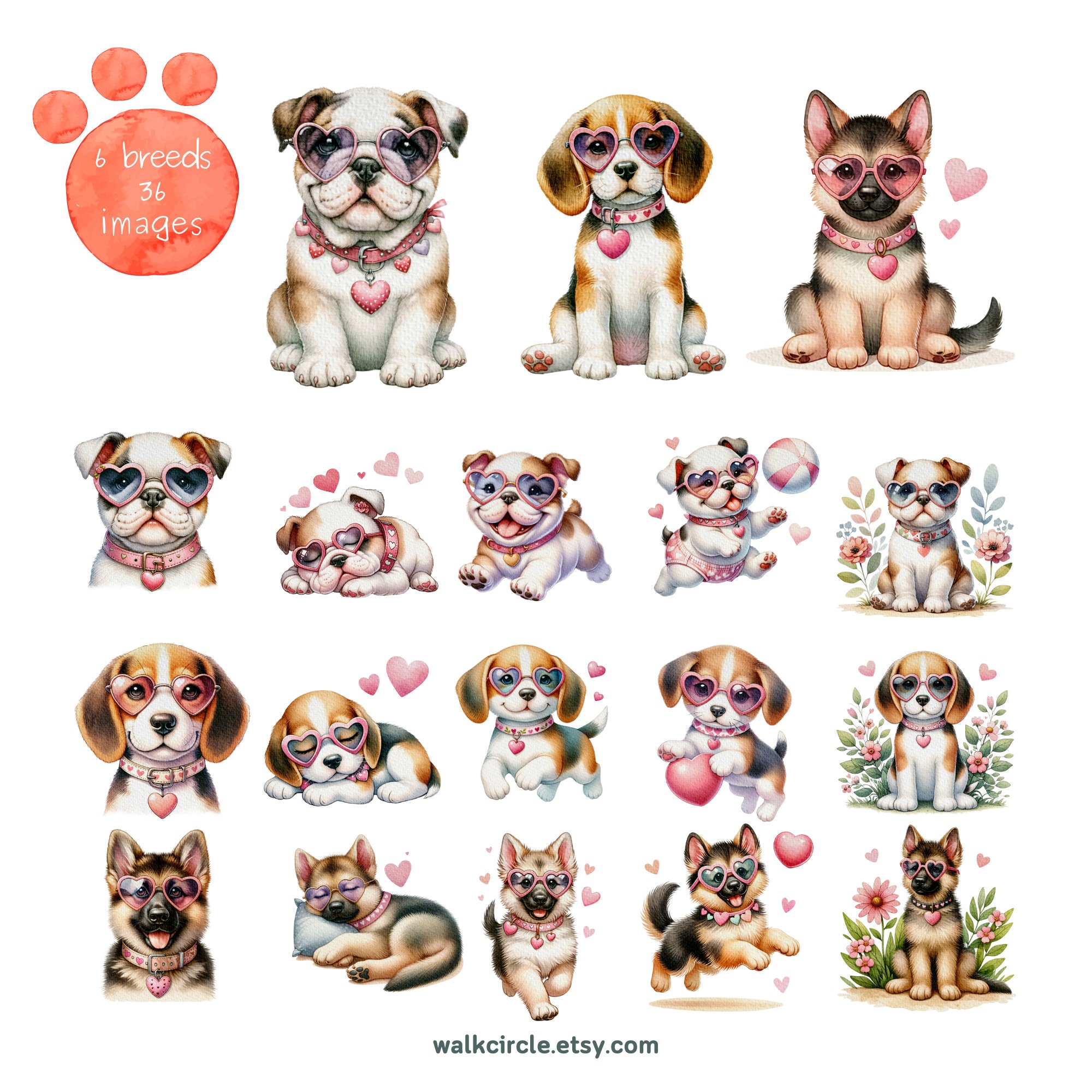Adorable Dog Breed Love Theme Watercolor Clipart, 36 PNG Cute Dog ...