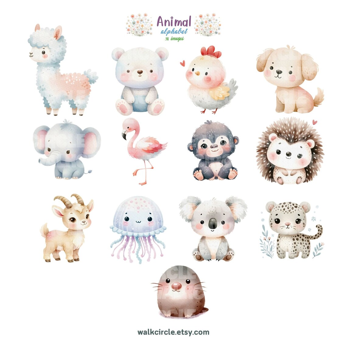 Watercolor Animal Alphabet Babies Clipart. Alphabet Animal Nursery Art ...