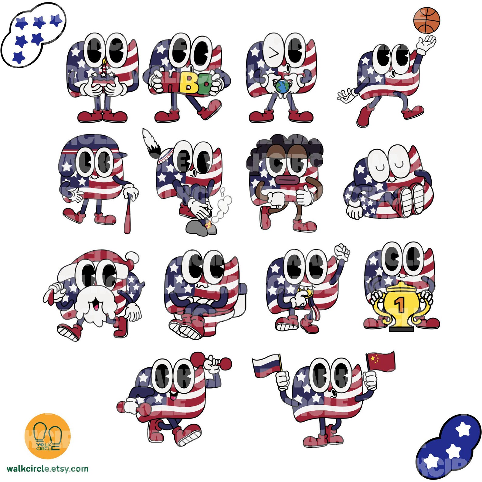 Retro USA Flag Cartoon Characters 4th of July Clipart Vintage Patriotic ...