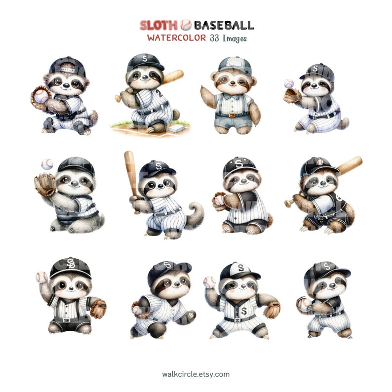 Sloth Watercolor Clipart, Baseball Watercolor Clipart, 26 PNG Cute ...
