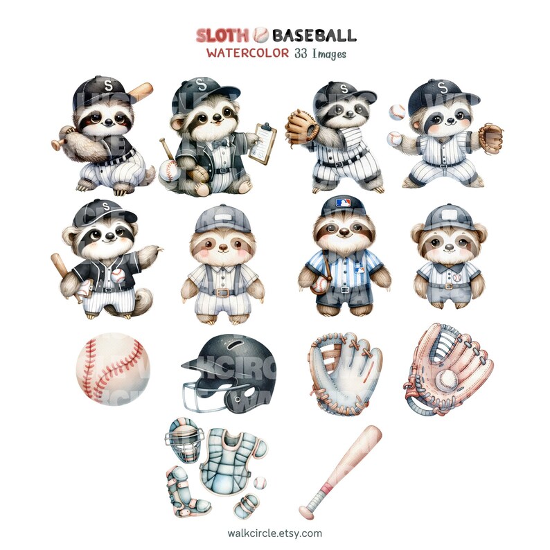 Sloth Watercolor Clipart, Baseball Watercolor Clipart, 26 PNG Cute ...