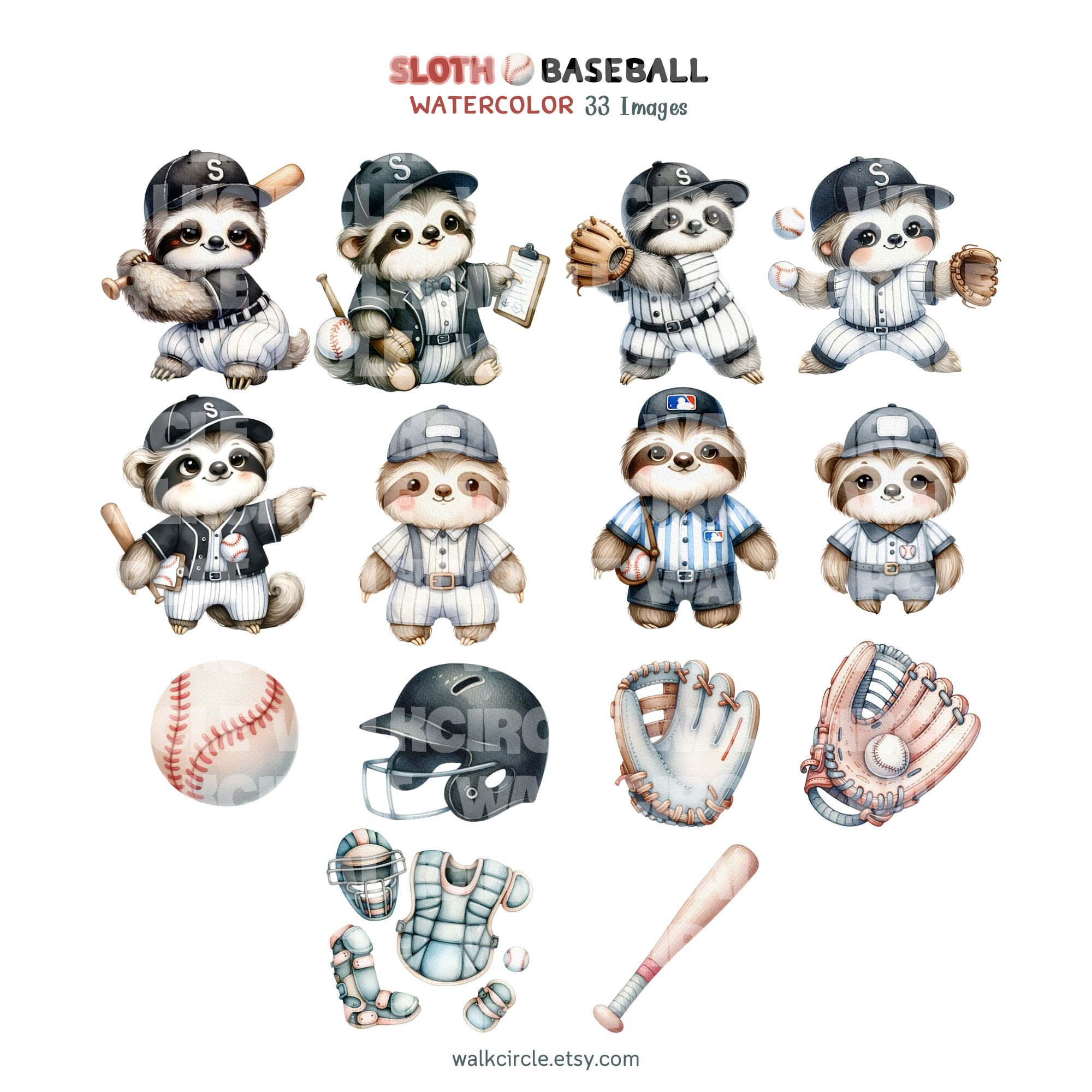 Sloth Watercolor Clipart, Baseball Watercolor Clipart, 26 PNG Cute ...