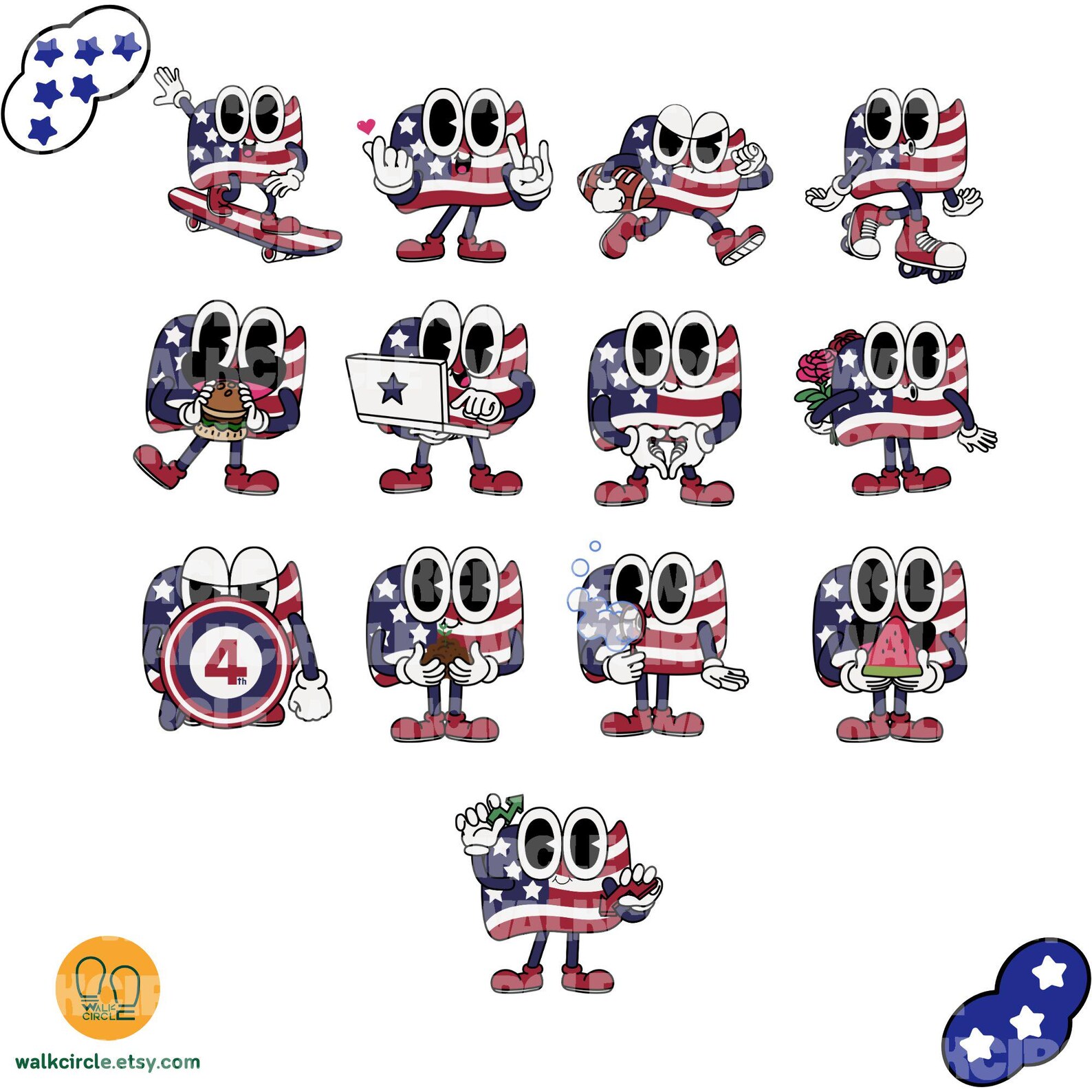 Retro USA Flag Cartoon Characters 4th of July Clipart Vintage Patriotic ...