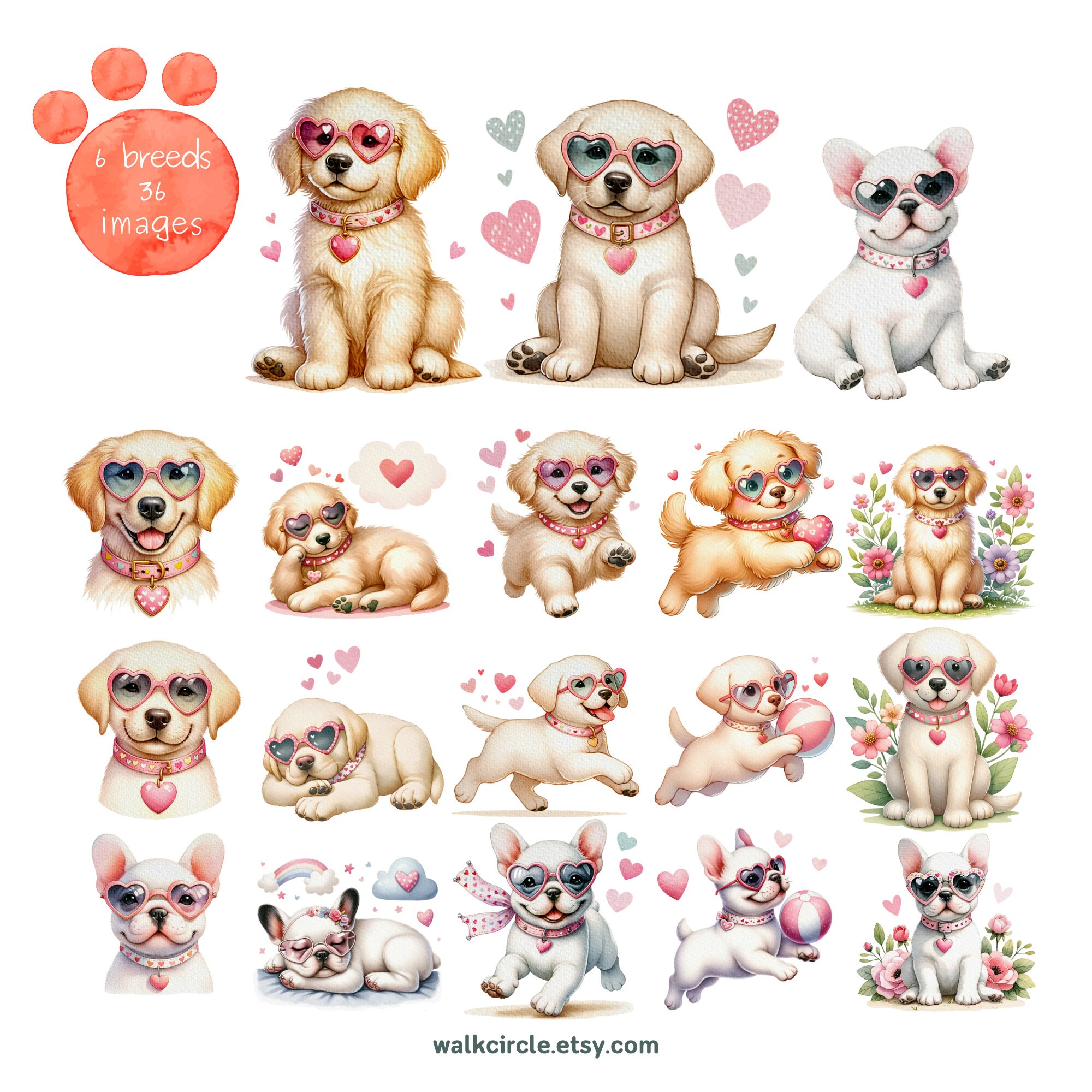 Adorable Dog Breed Love Theme Watercolor Clipart, 36 PNG Cute Dog ...