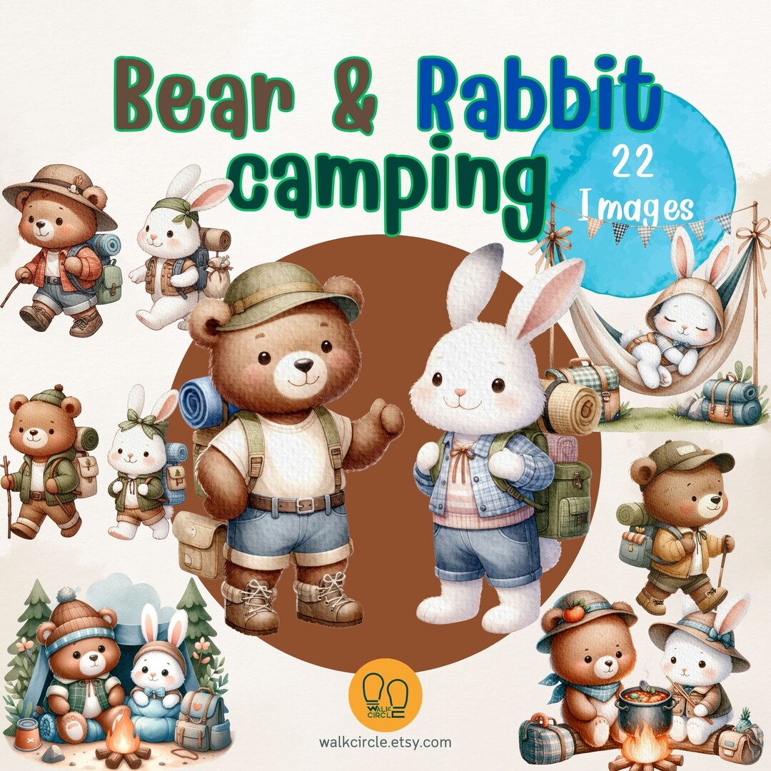Bear PNG, Rabbit PNG, Bunny Clipart, Bear Watercolor, Camping ...