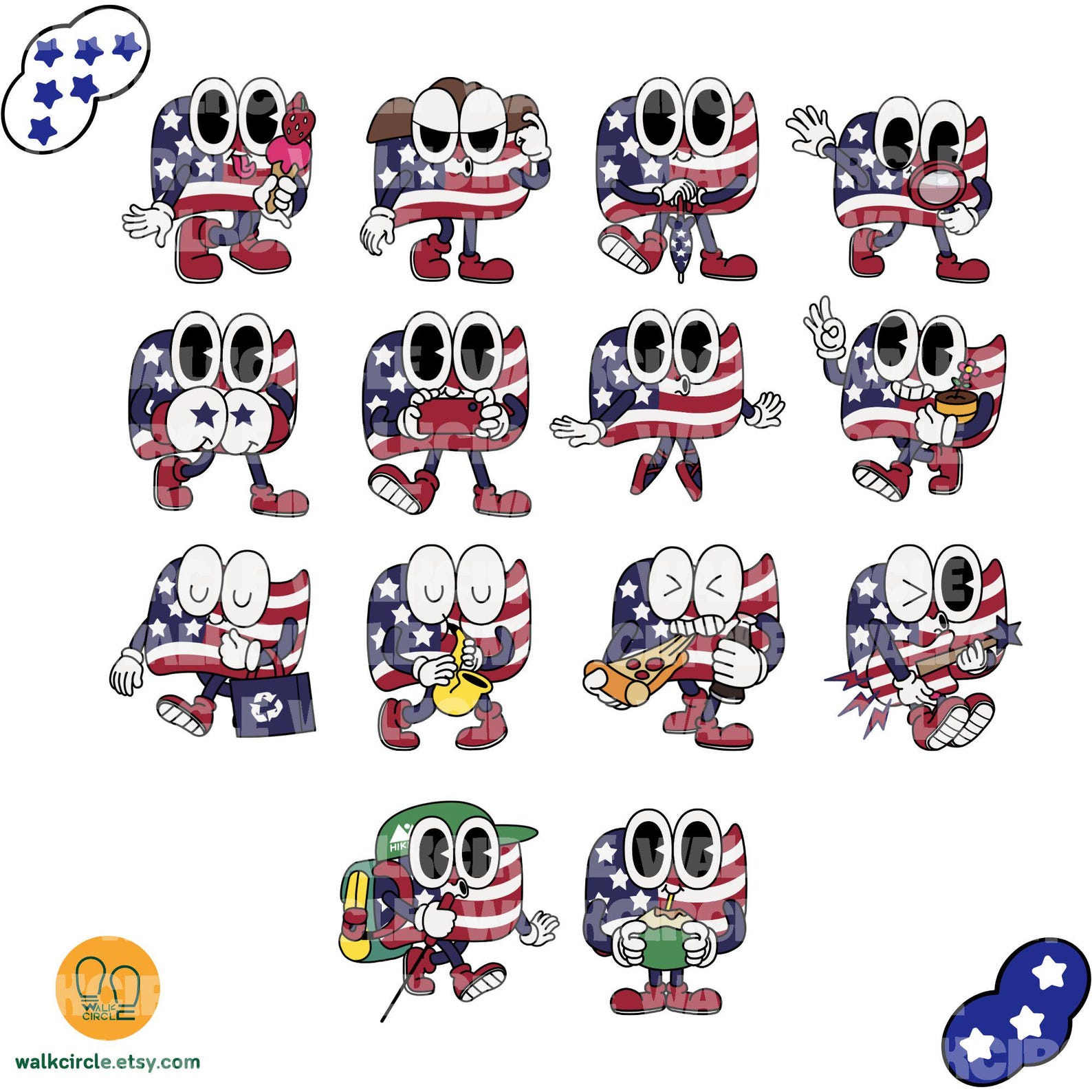 Retro USA Flag Cartoon Characters 4th of July Clipart Vintage Patriotic ...